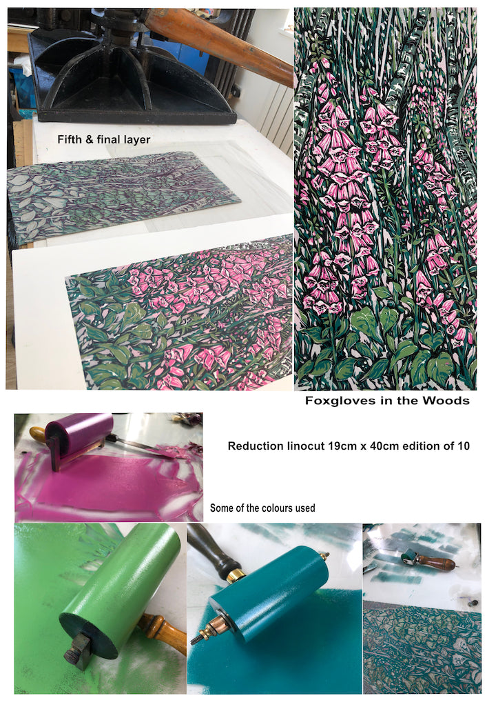 Making a reduction linocut "Foxgloves in the Woods" – Louise Stebbing ...